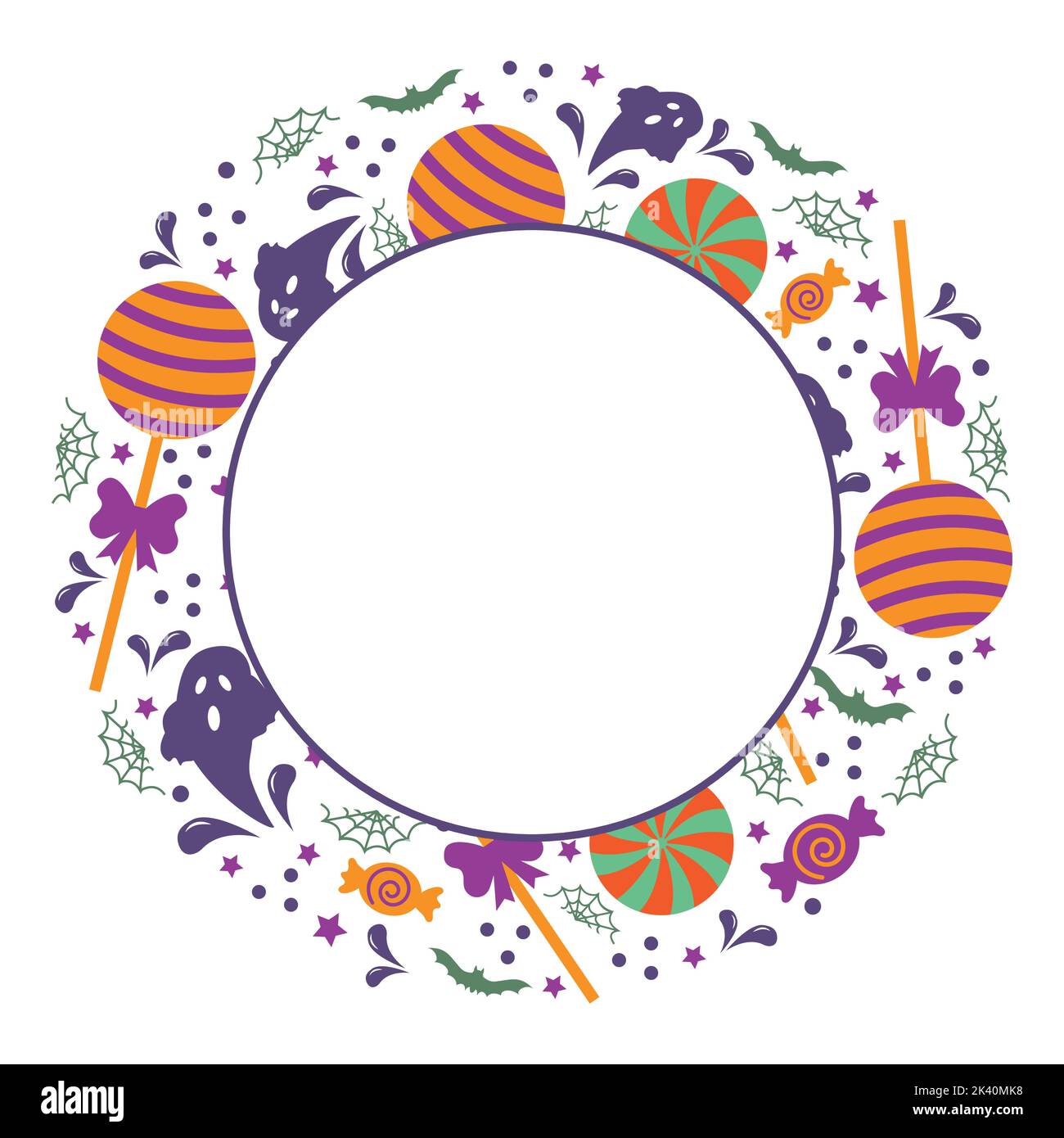 Round Halloween frame with ghosts, cobwebs and sweets, vector ...