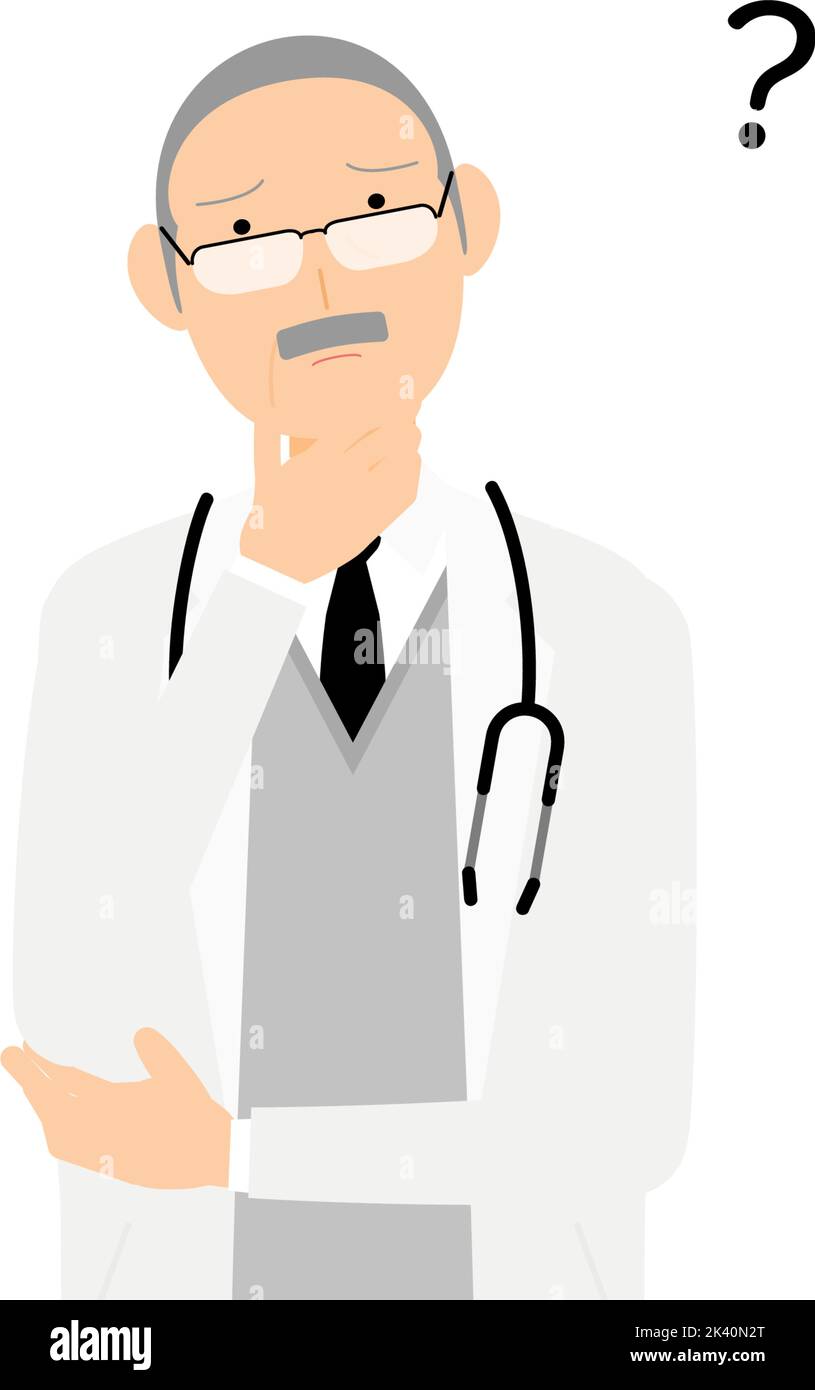 Senior male doctor in white coat pose with crossed arms and questioning ...
