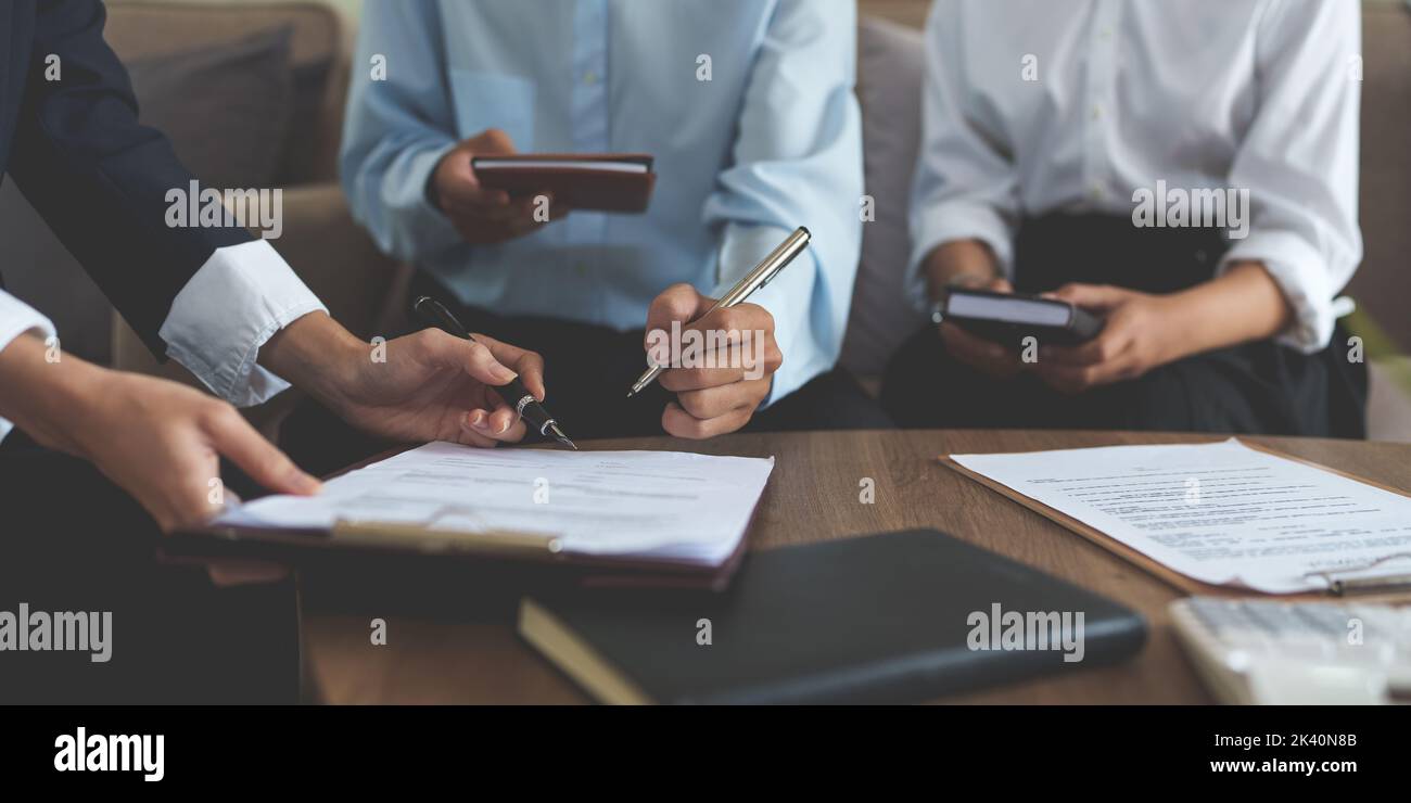 A Insurance agent explain agreement contract to client before sign ...