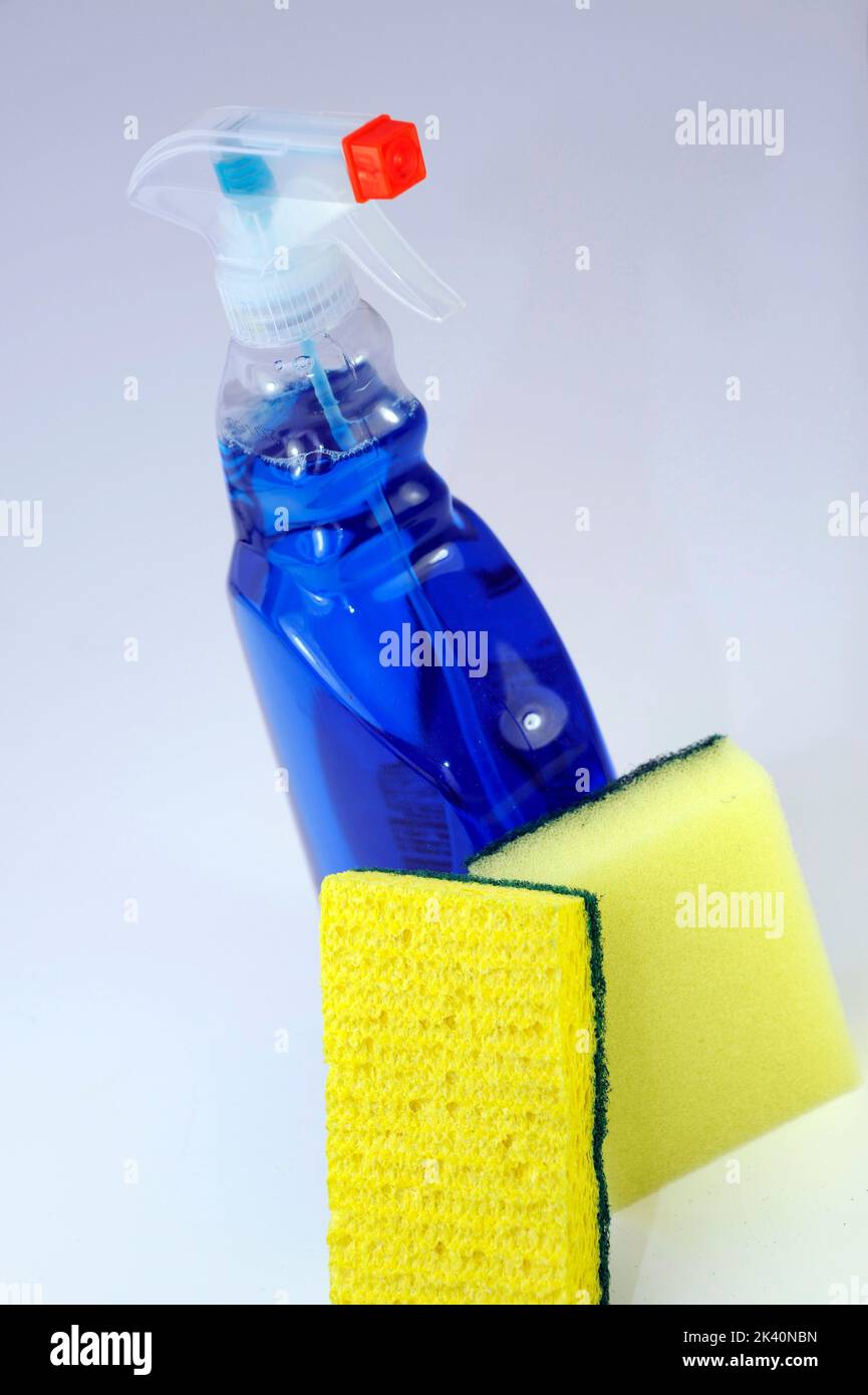Set of cleaning products. Spray Cleaner and sponge on white background ...