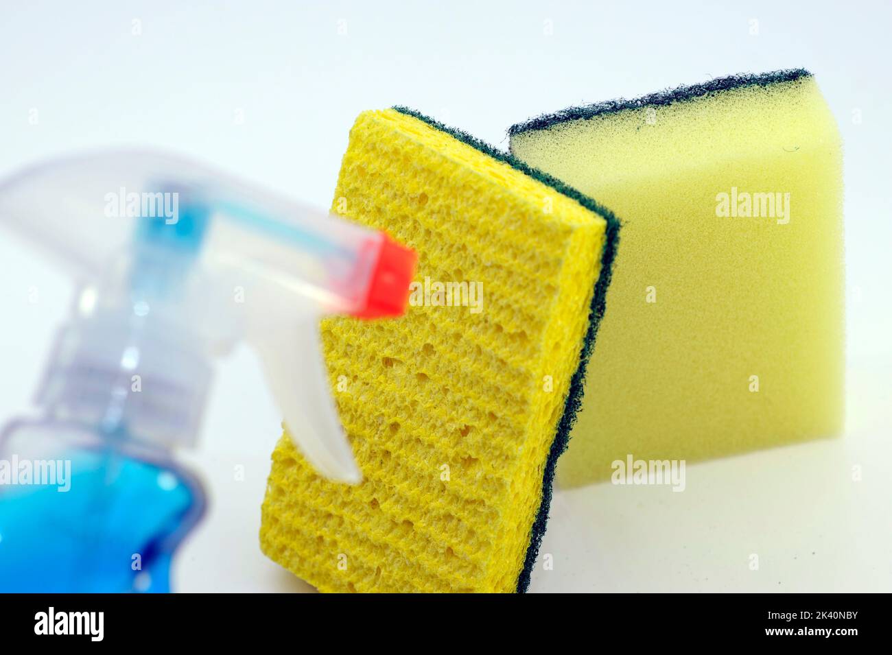Set of cleaning products. Spray Cleaner and sponge on white background ...