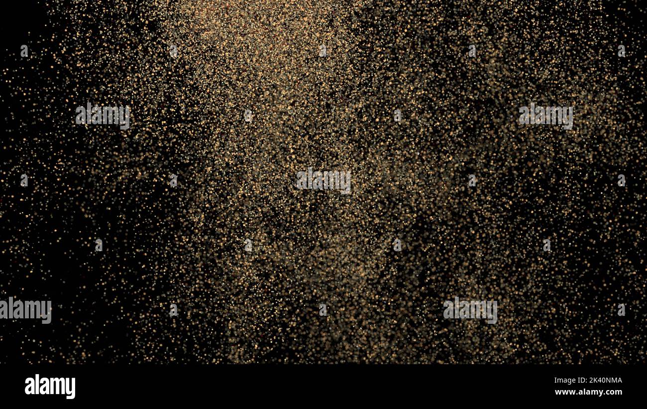 3D rendering of mass of sand falling off on black background; A form of ...