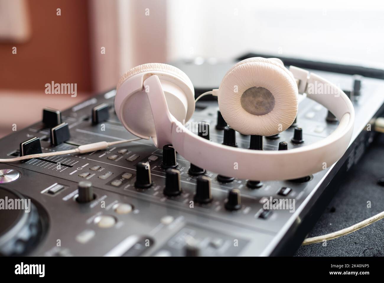 headphones and a DJ setup Stock Photo - Alamy