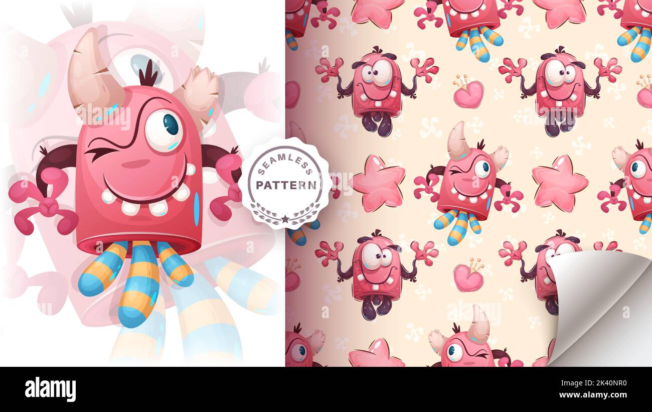 Cartoon character adorable animal monster - seamless pattern Stock ...