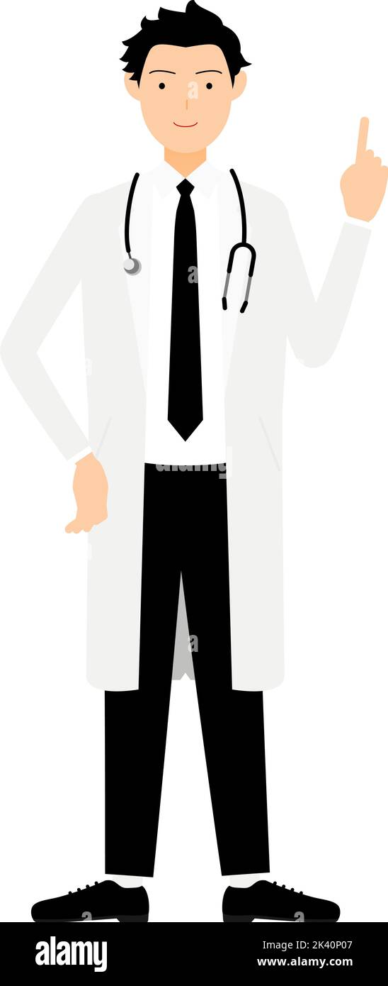 Male doctor in white coat holding up index finger - pointing pose Stock ...