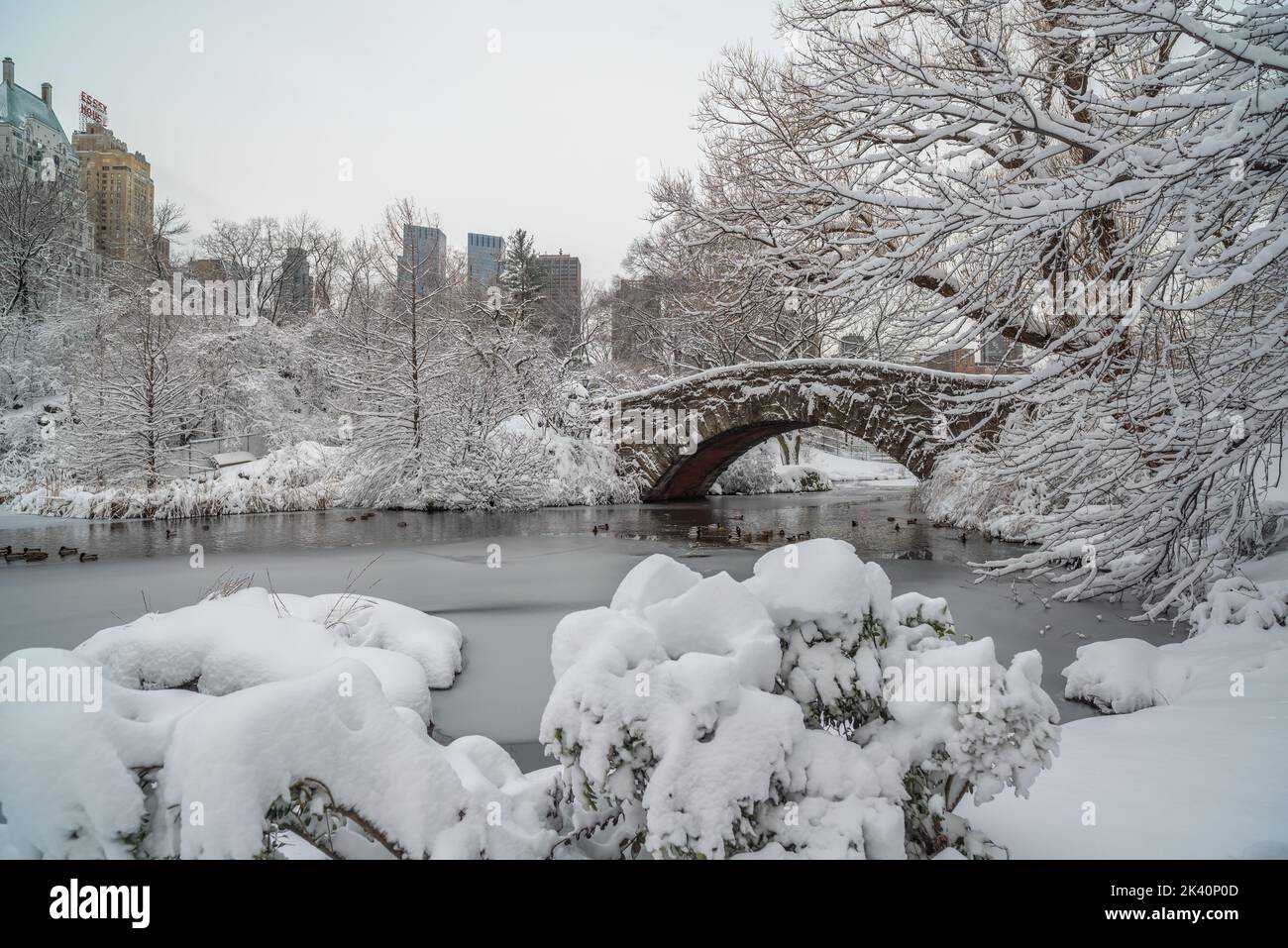 Gapstow Bridge in Central Park after snow storm in winter Stock Photo ...