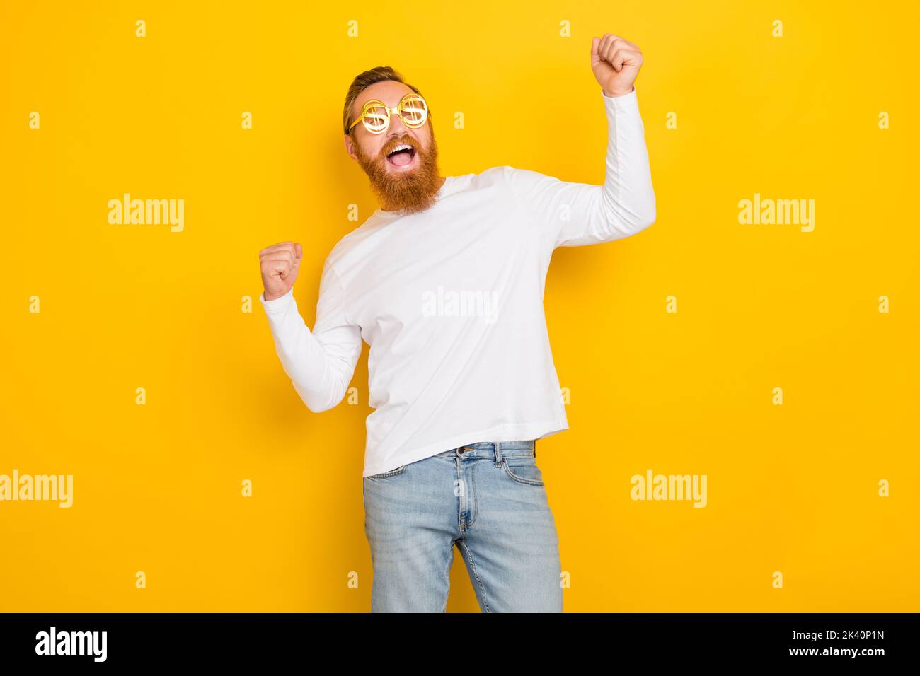 Photo of success beard orange hair man yell wear eyewear white shirt ...