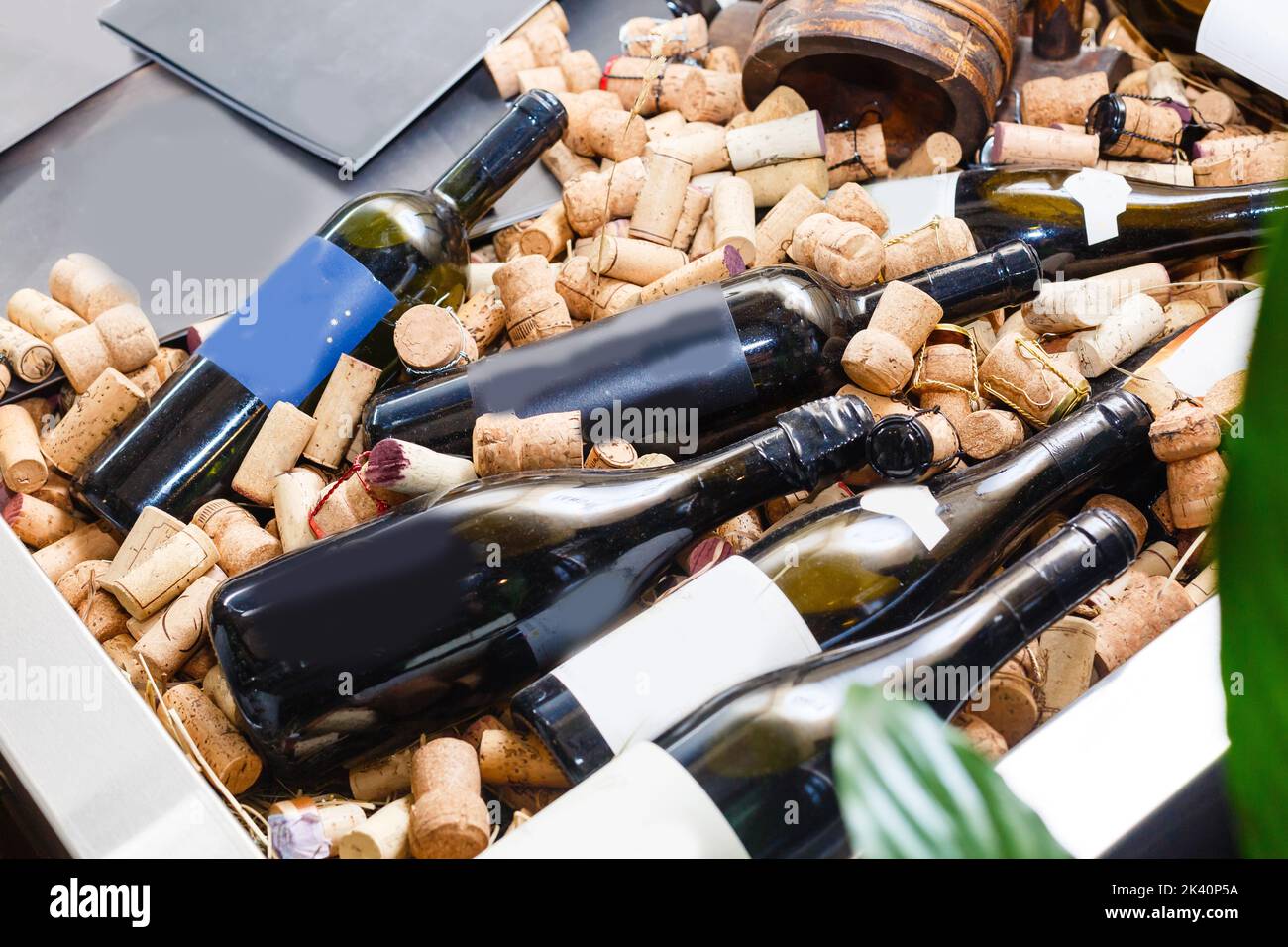 Wooden box with empty wine bottles, bottles blurred Stock Photo - Alamy