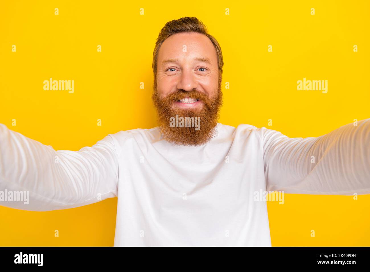 Photo of satisfied glad person take selfie beaming smile isolated on ...