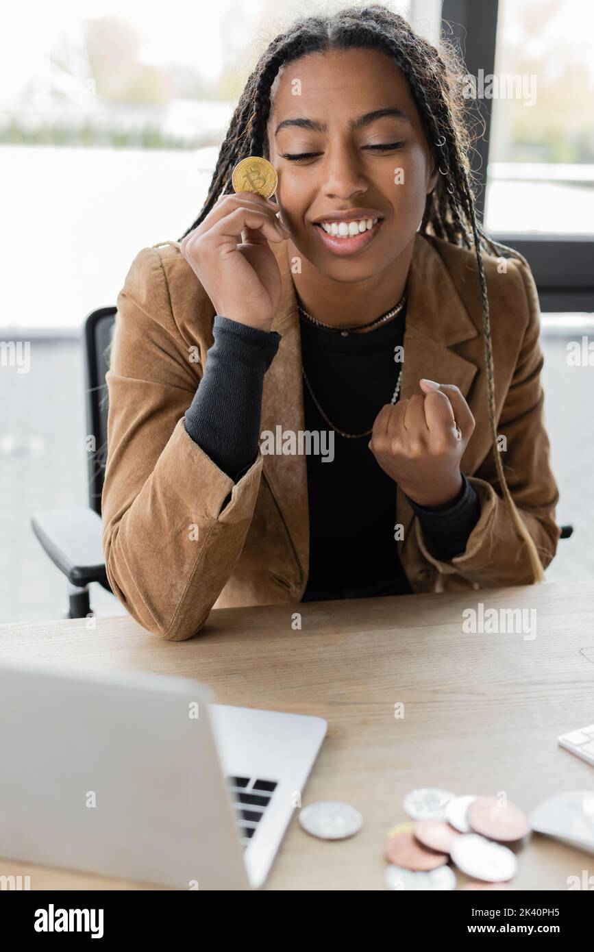 KYIV, UKRAINE - APRIL 27, 2022: Excited african american businesswoman ...