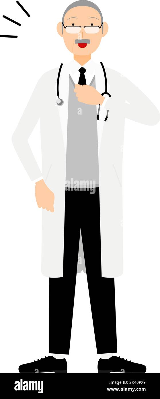 Senior male doctor in white coat clapping his chest, pose of safety and ...