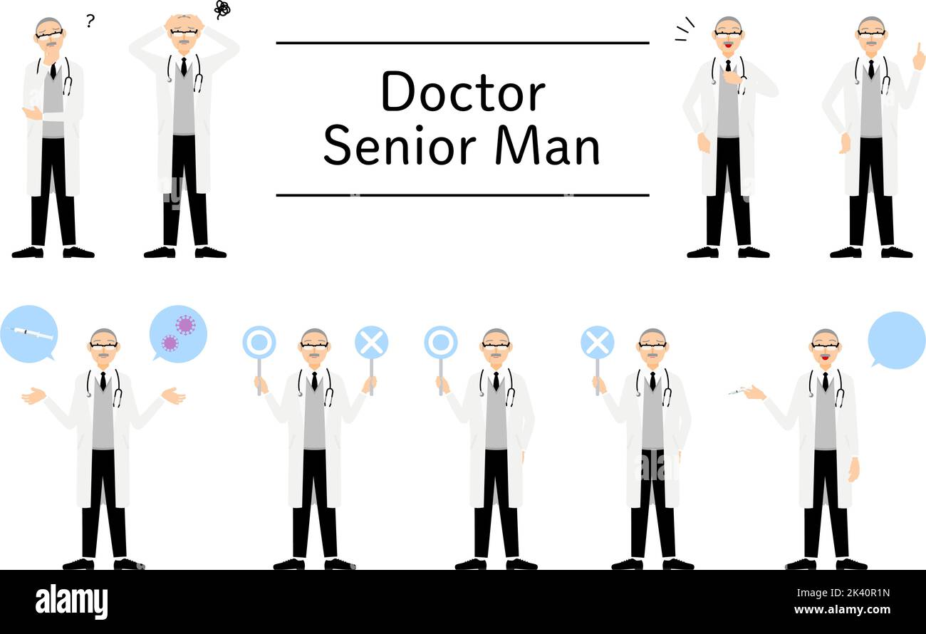 Pose set of senior male doctor in white coat, questioning, puzzling ...