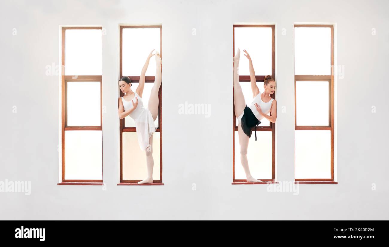 Ballet, art and dancers dancing on the window at the dance academy in a practice studio. Elegant ...