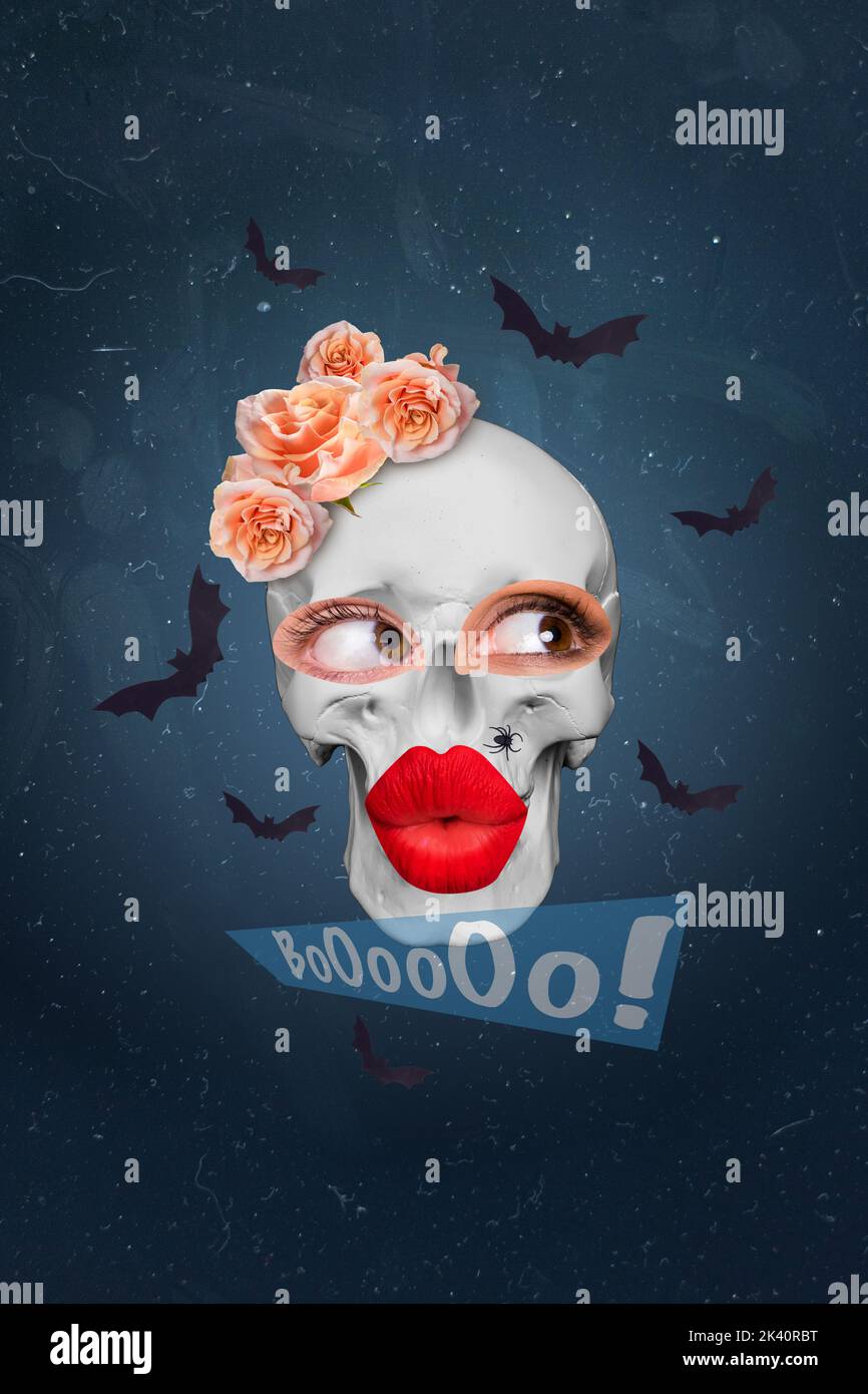 Creative drawing collage picture of funny spooky woman face skeleton ...