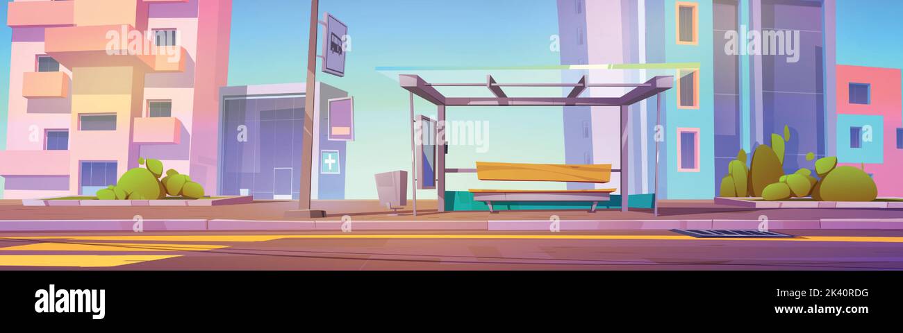 Bus stop with shelter on city street. Urban landscape with public ...