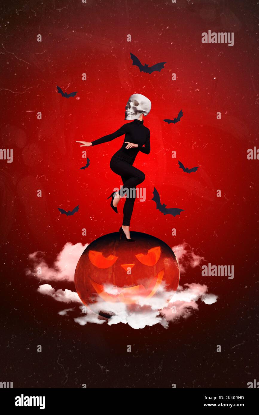 Collage photo of young nice slim woman wear black costume head skull ...