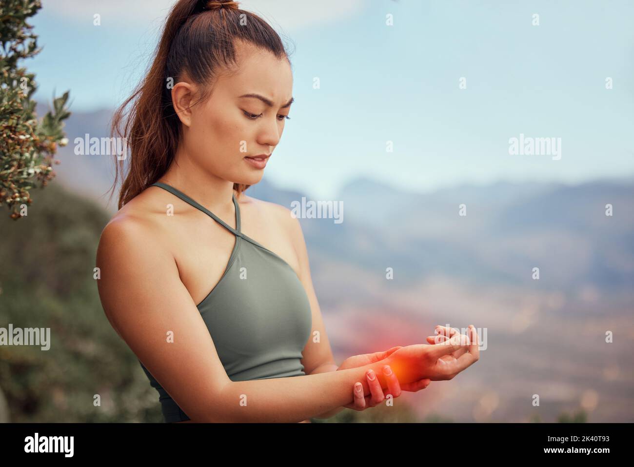 Woman hand pain, exercise injury and wrist accident outdoor from ...