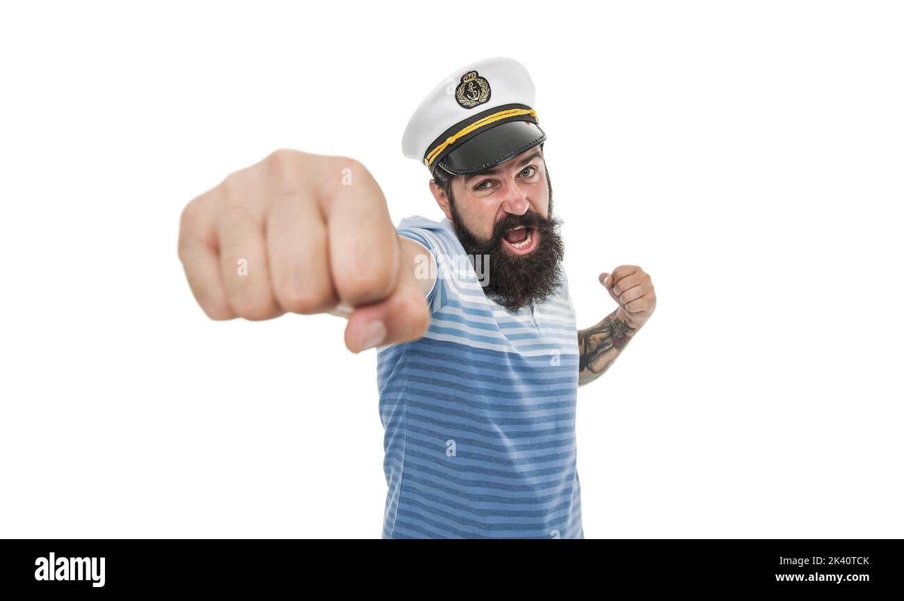 Attack. Punch in face. Sailor spirit. Bearded sailor isolated on white ...
