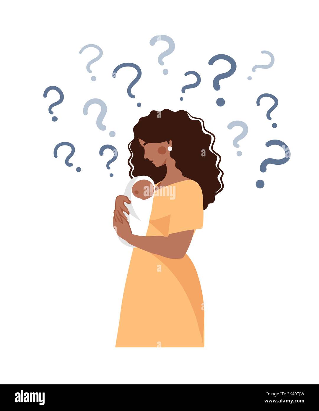 Postpartum depression concept illustration. A black woman hugs a child ...