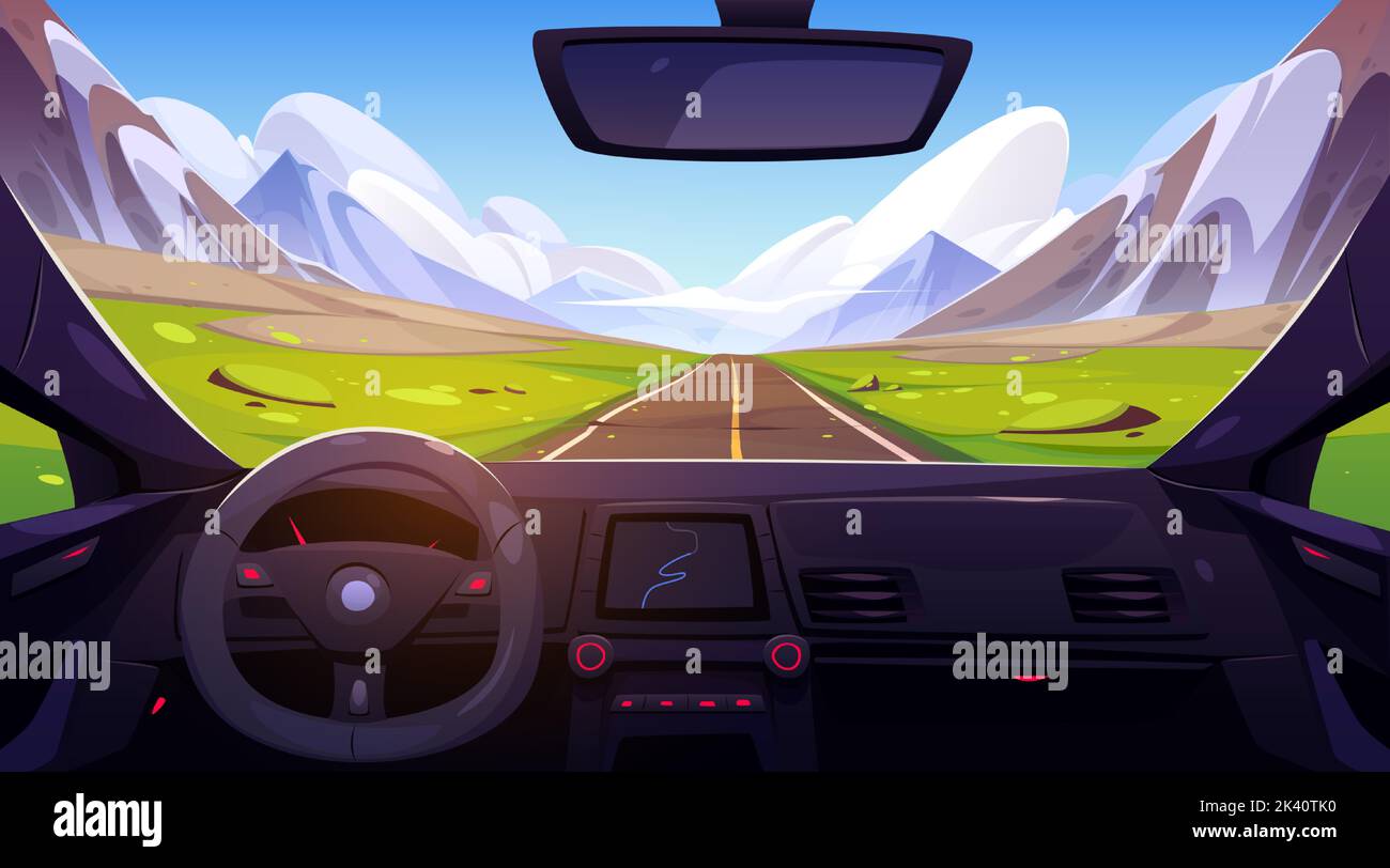 Road in mountain valley view from car interior through windshield ...