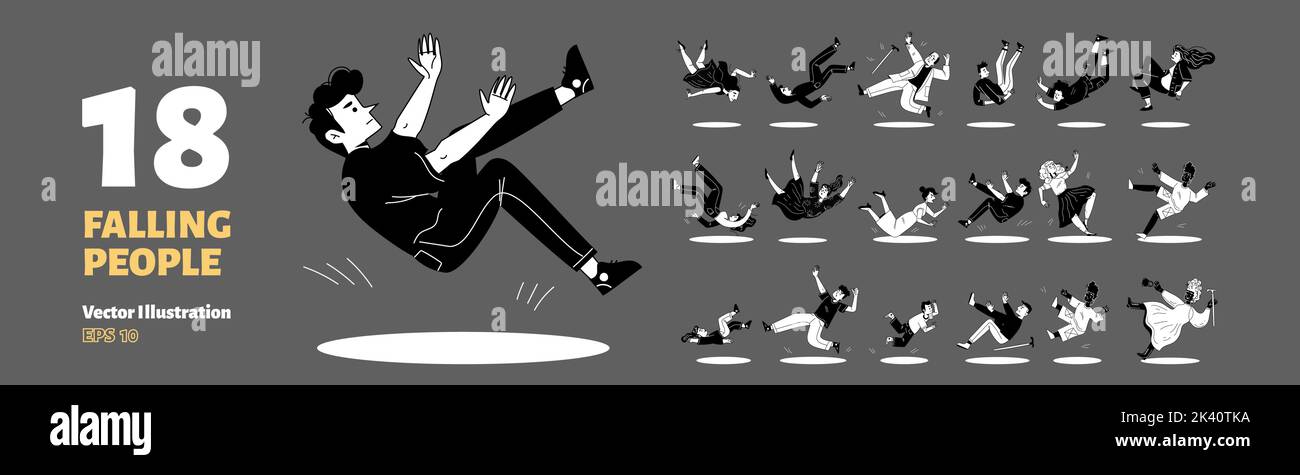 Set of 18 people falling. Young and senior male, female flat characters ...