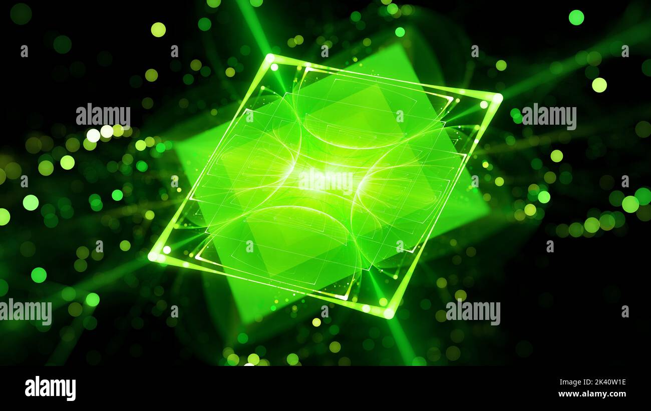 Green glowing futuristic quantum processor, computer generated abstract ...