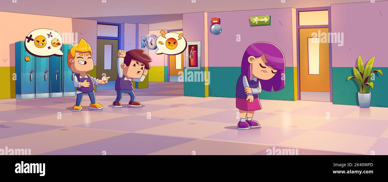 Boys bully girl in school hallway. Concept of children violence ...