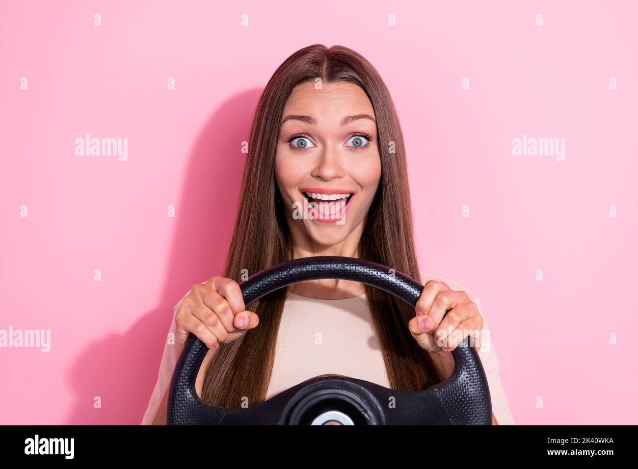 Closeup photo of young crazy funny excited woman brown hair shocked ...