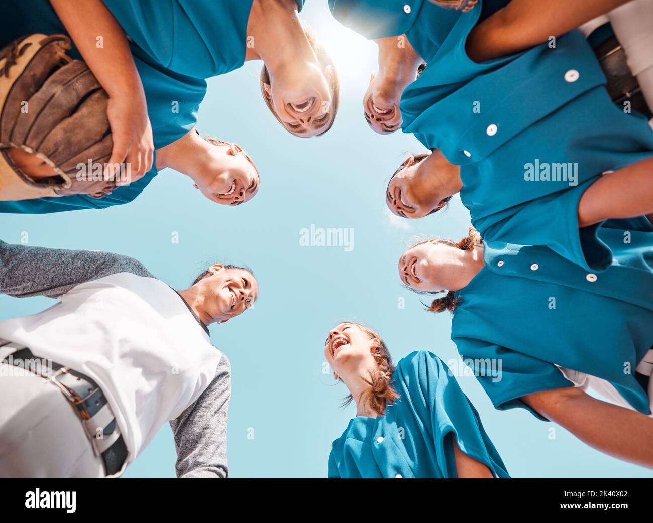 Baseball sports coach, women and below teamwork for motivation, support ...