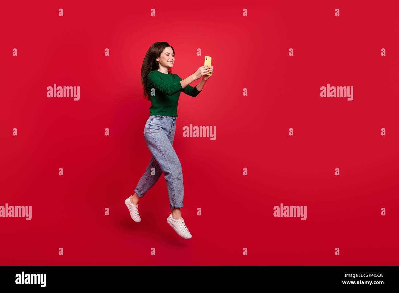 Full size photo of cute energetic girl rejoice message follower comment ...