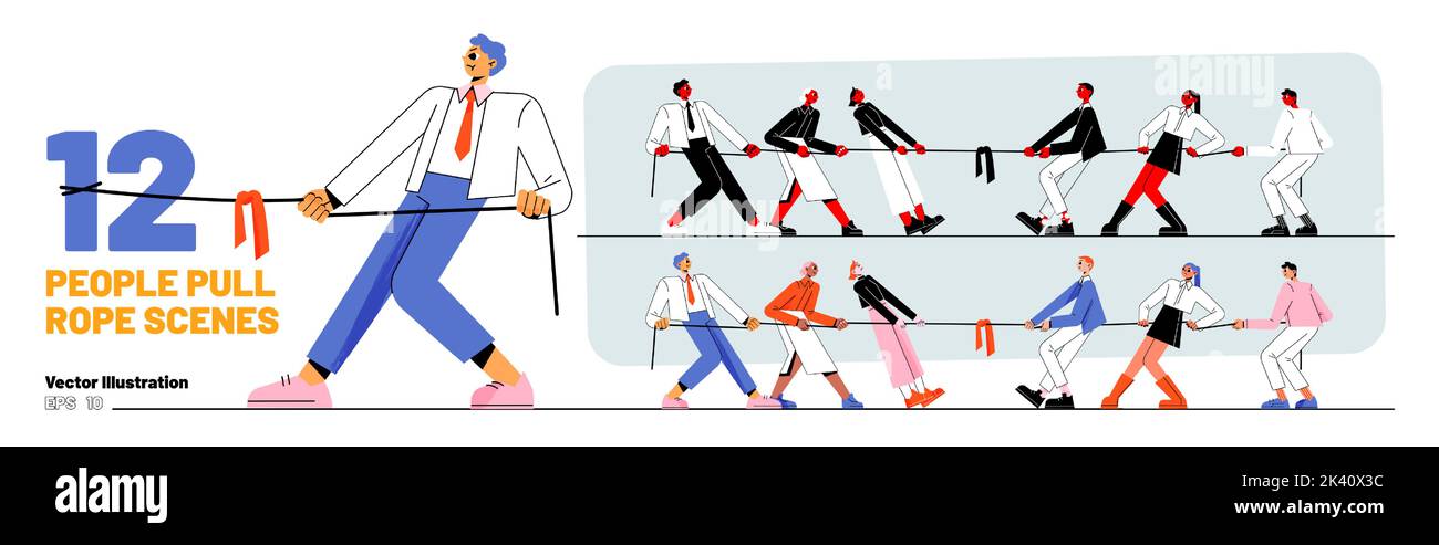 Set of people pull rope scenes. Business teams tug of war battle ...