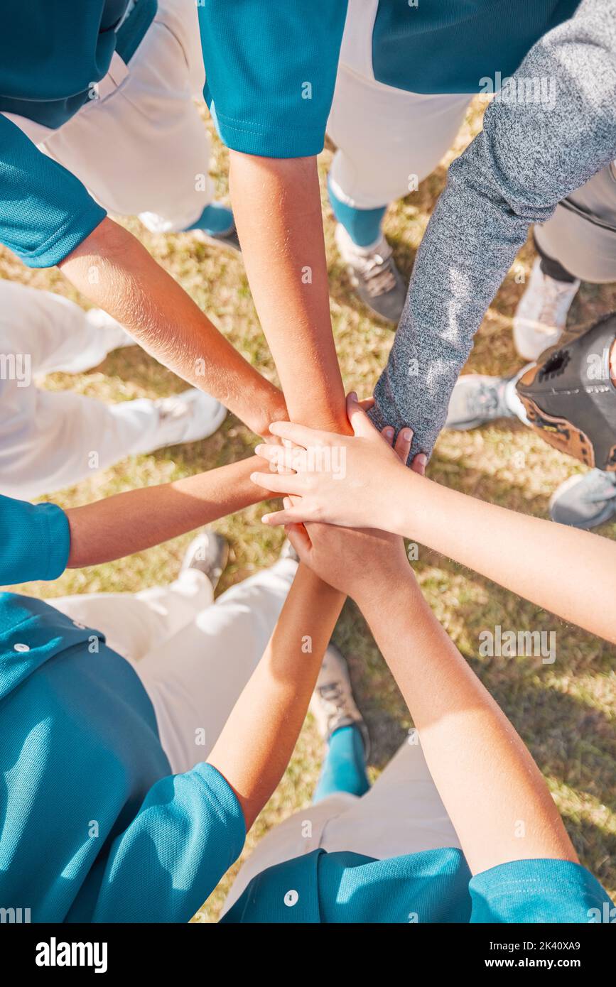 Support hands, team motivation and sports baseball game on field ...