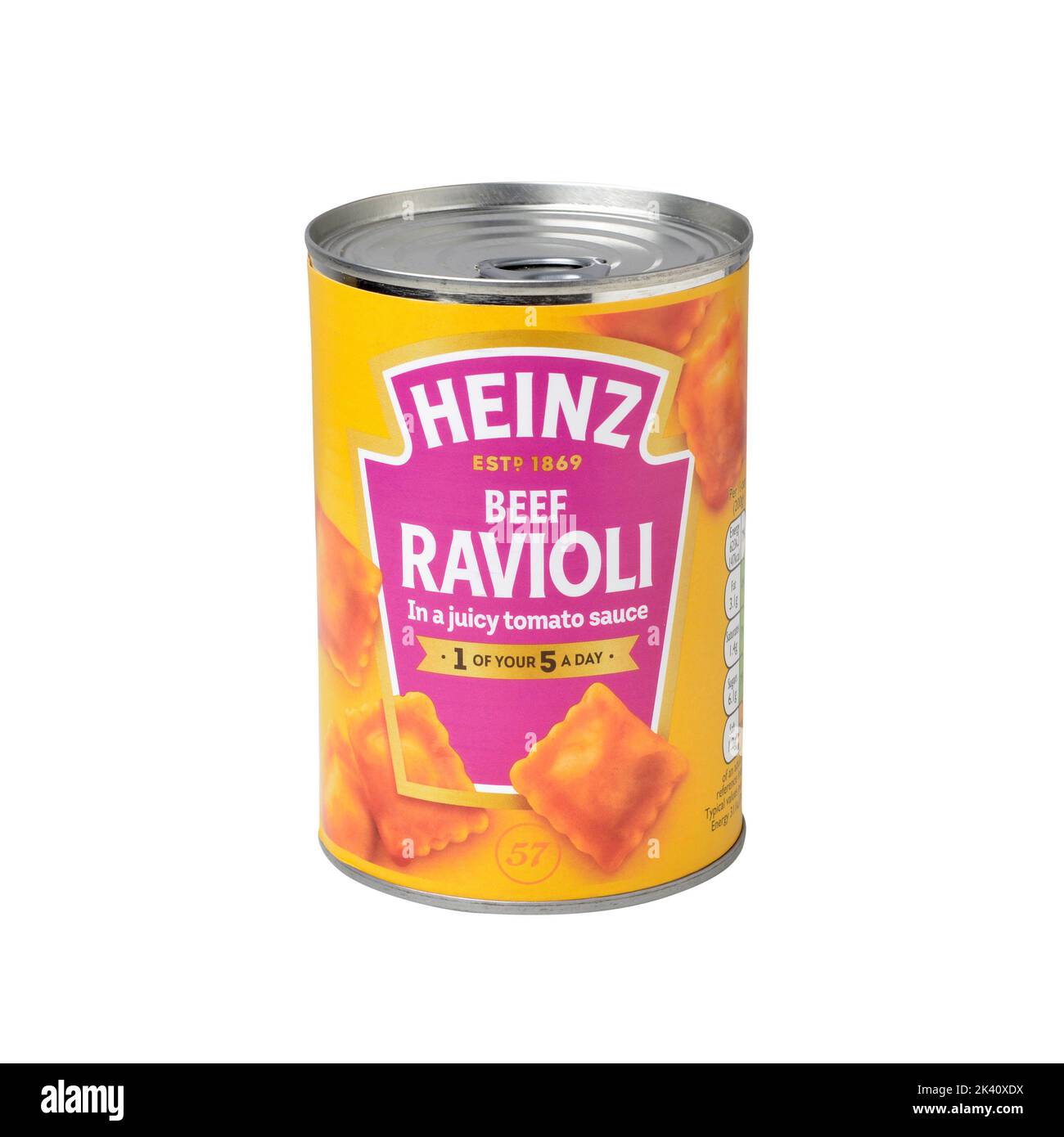 Tin of Heinz Beef Ravioli isolated on white cut out Stock Photo - Alamy