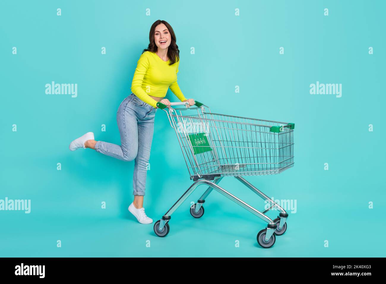 Full Size Photo Of Impressed Brunette Hair Millennial Lady Go With