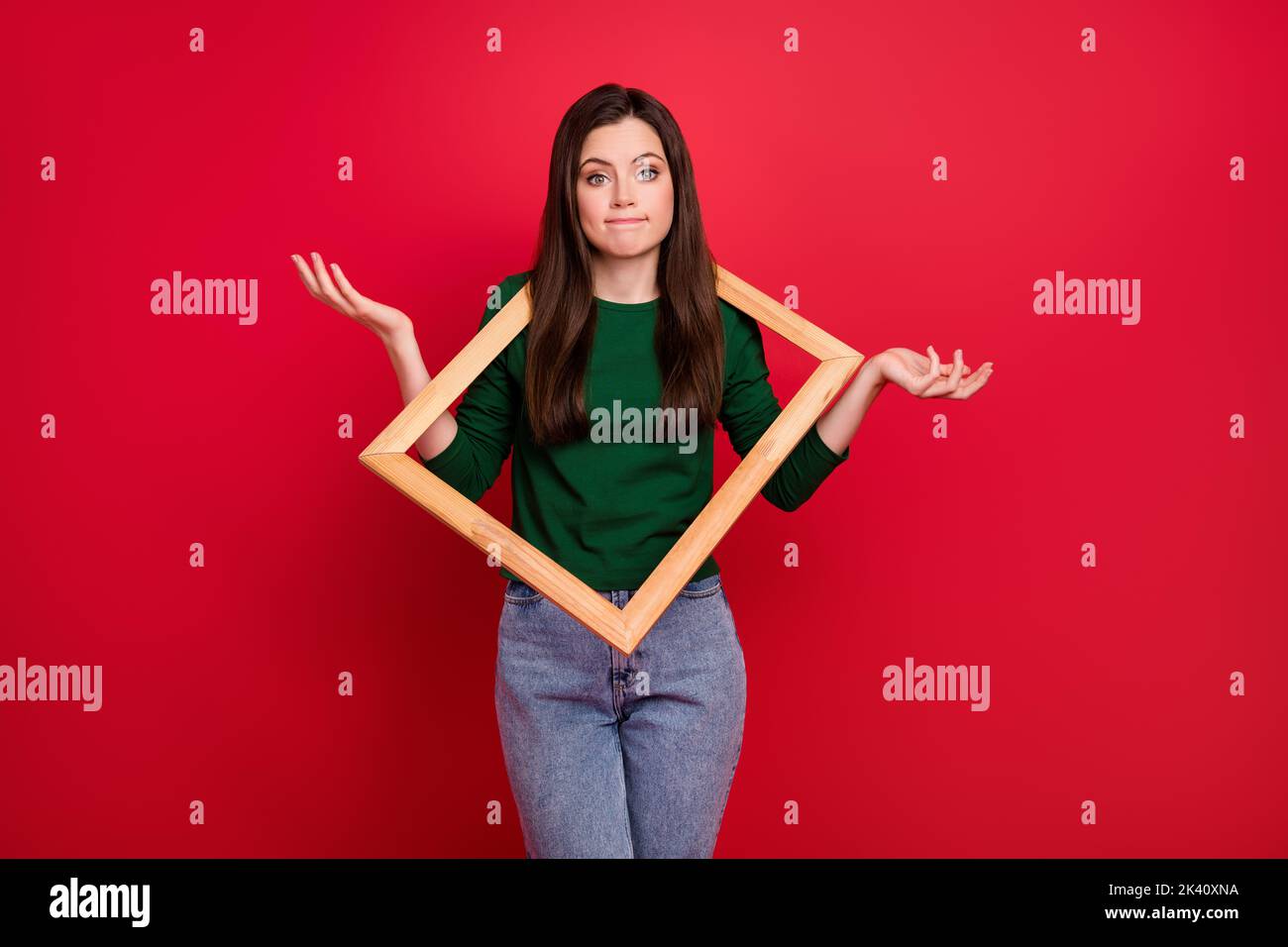 Photo of unknown brunette young lady shrug shoulders in frame wear ...