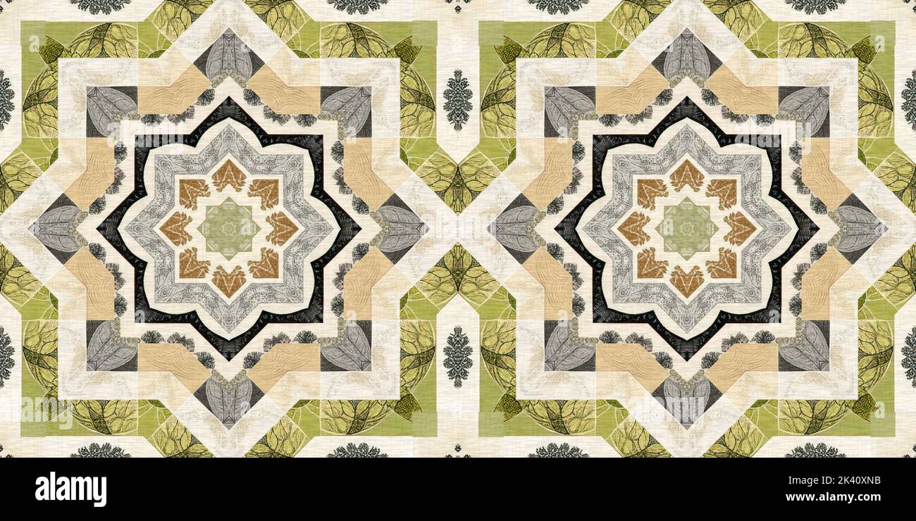 Forest green decorative damask seamless border. Geometric kaleidoscope ...