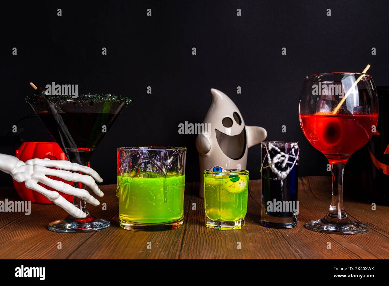 Halloween party bar festive drink, set various colorful alcohol, non ...