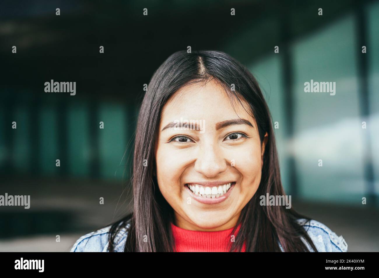 Young asian girl smiling on camera outdoor - Focus on face Stock Photo ...