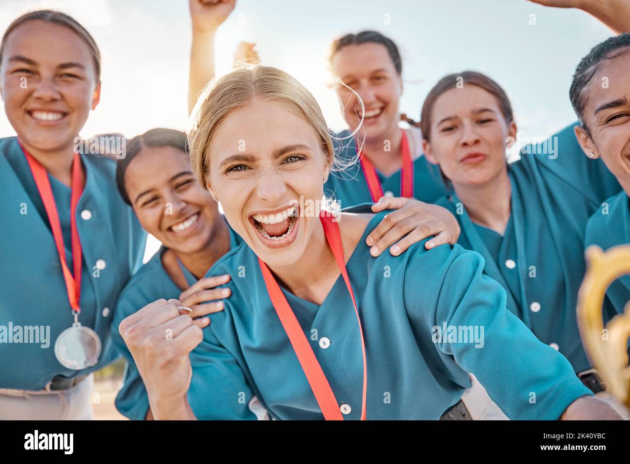 Winning team, baseball and celebration with women sports group cheering ...