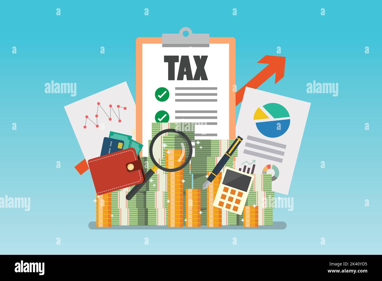 Tax report with money and calculator. Vector illustration Stock Vector ...
