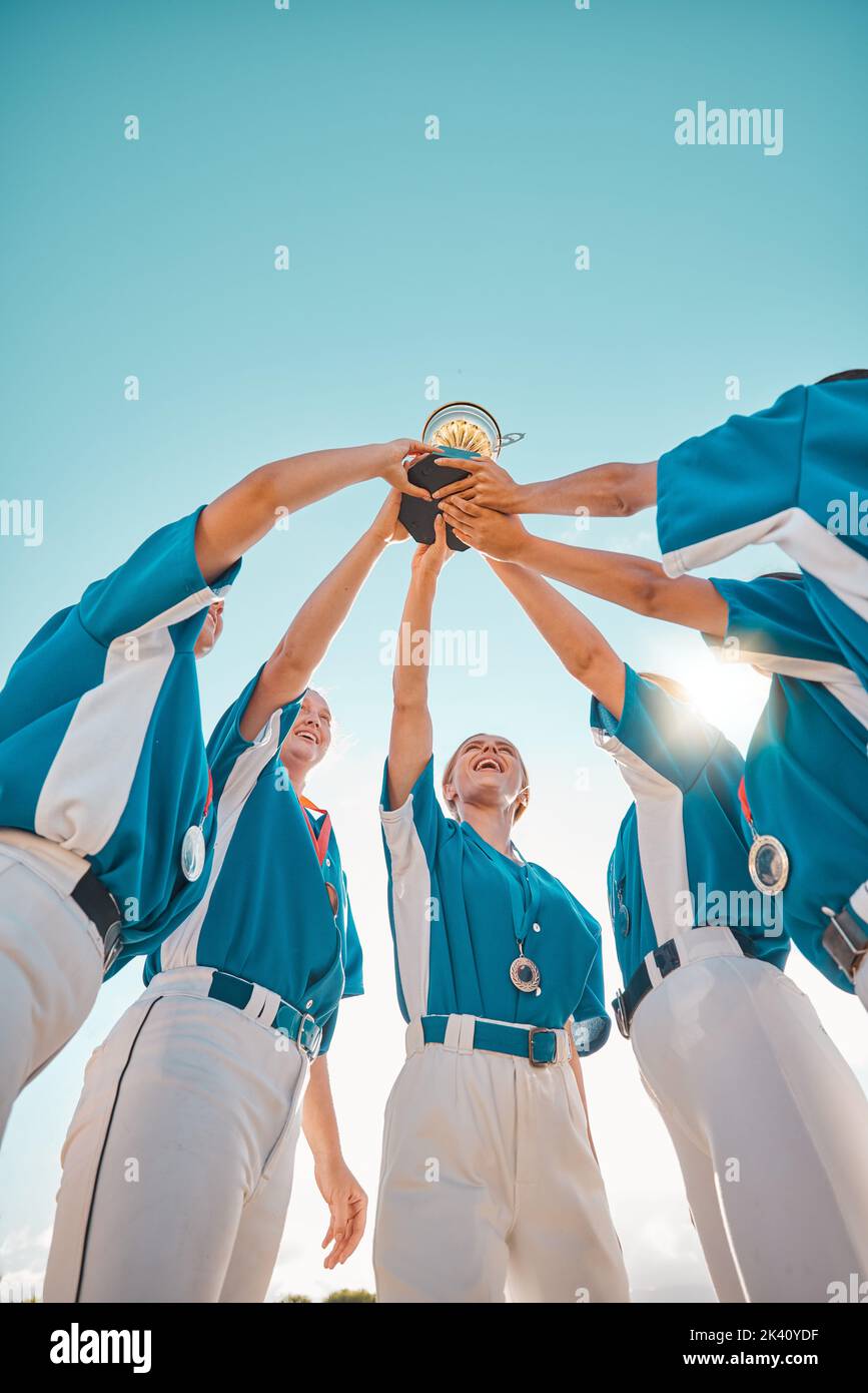 Women baseball, team trophy and winning celebration for success in ...