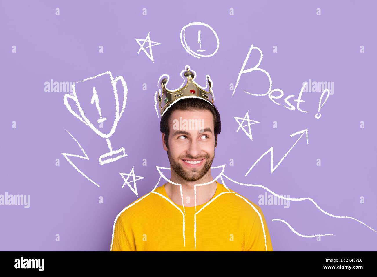 Creative trend collage of handsome young man smiling wear golden crown ...
