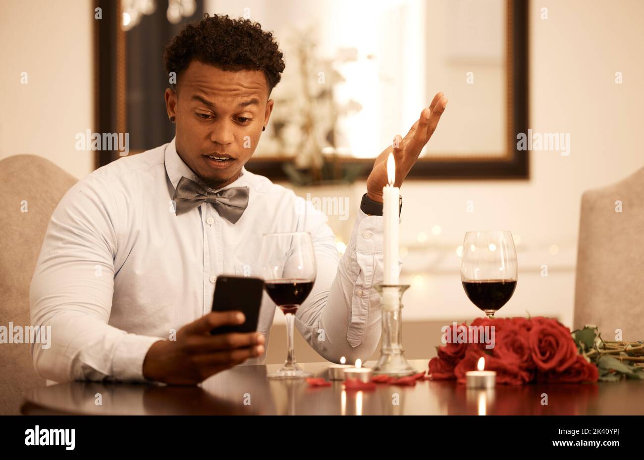 Confused, angry and phone fail of a date of a black man waiting at a ...