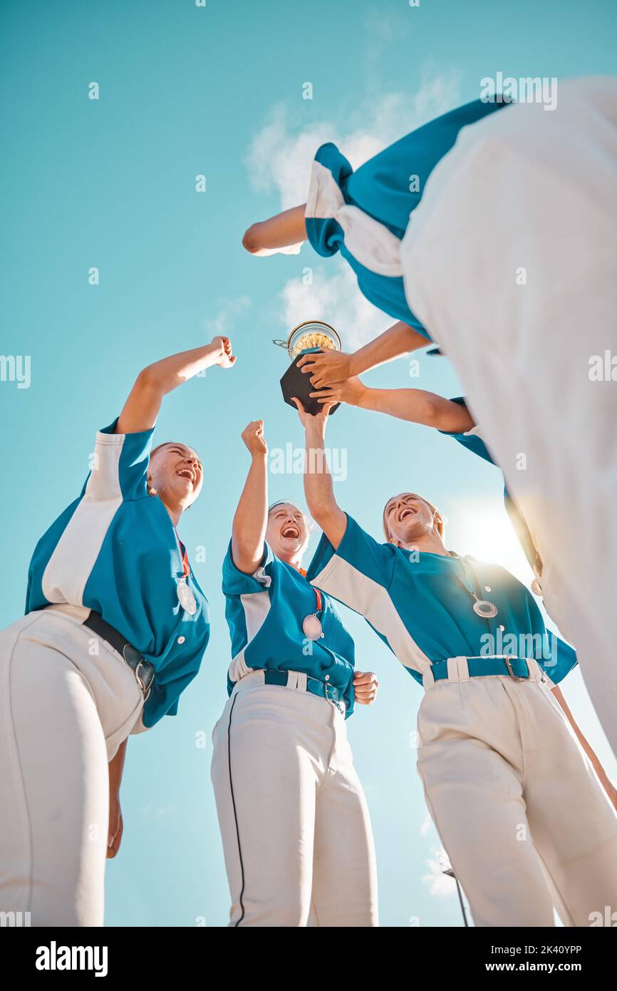 Sports trophy, team win and women in celebration of team success ...