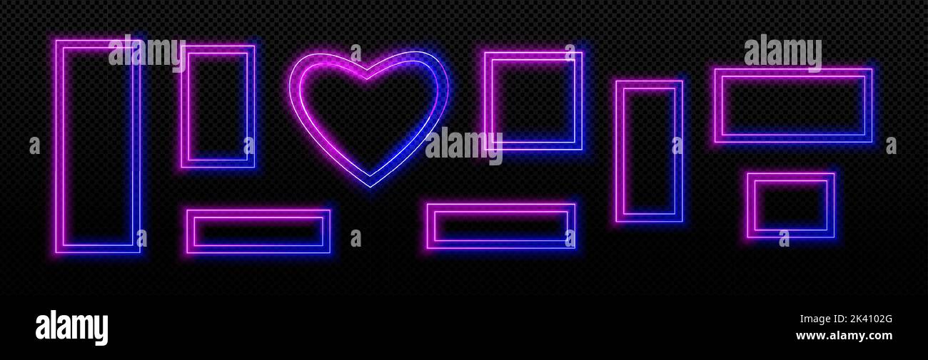 Blue and pink neon light frames, empty banners in rectangle and heart ...