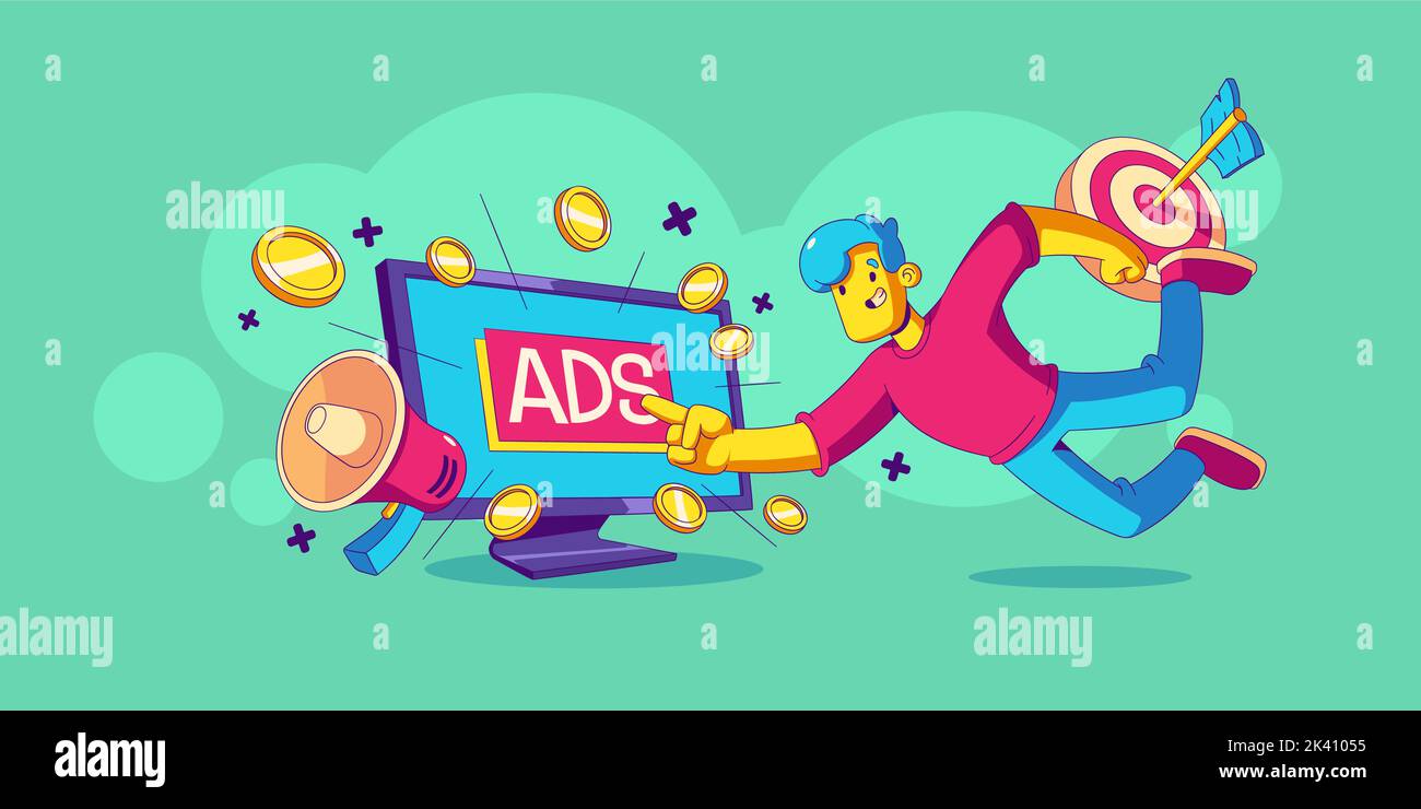 Pay per click, ads marketing strategy. Man click on advertising banner ...