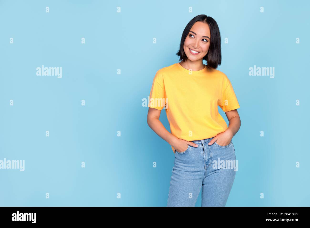 Portrait photo of young adorable gorgeous nice woman wear orange t ...