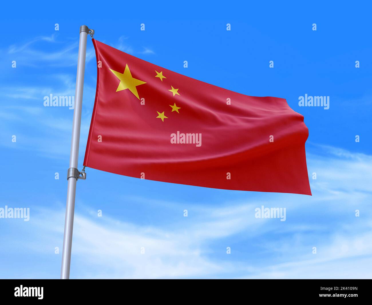 Beautiful China flag waving in the wind with sky background - 3D ...