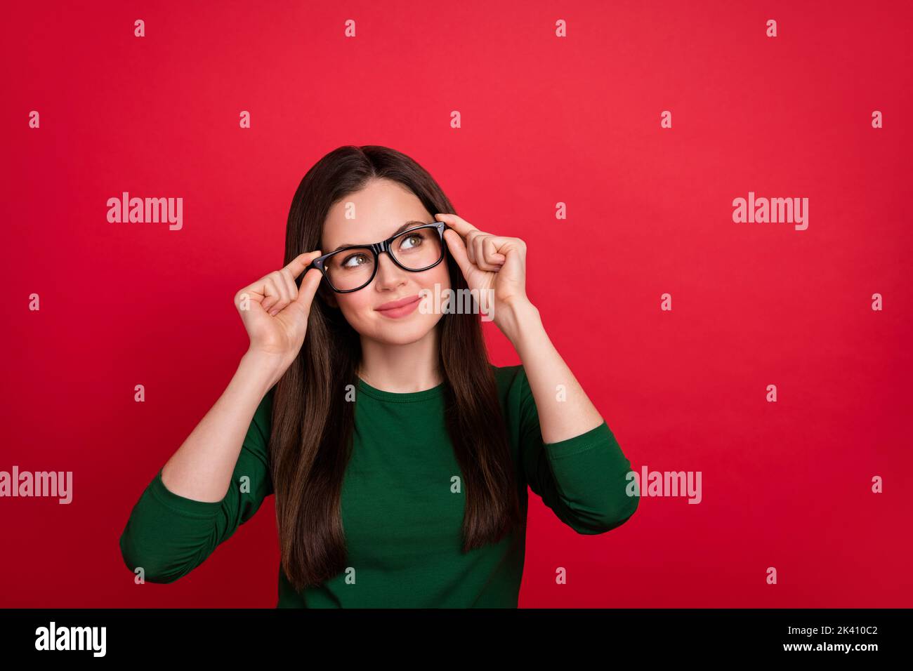 Photo of nice shiny woman hairstyle arm touch glasses look empty space ...