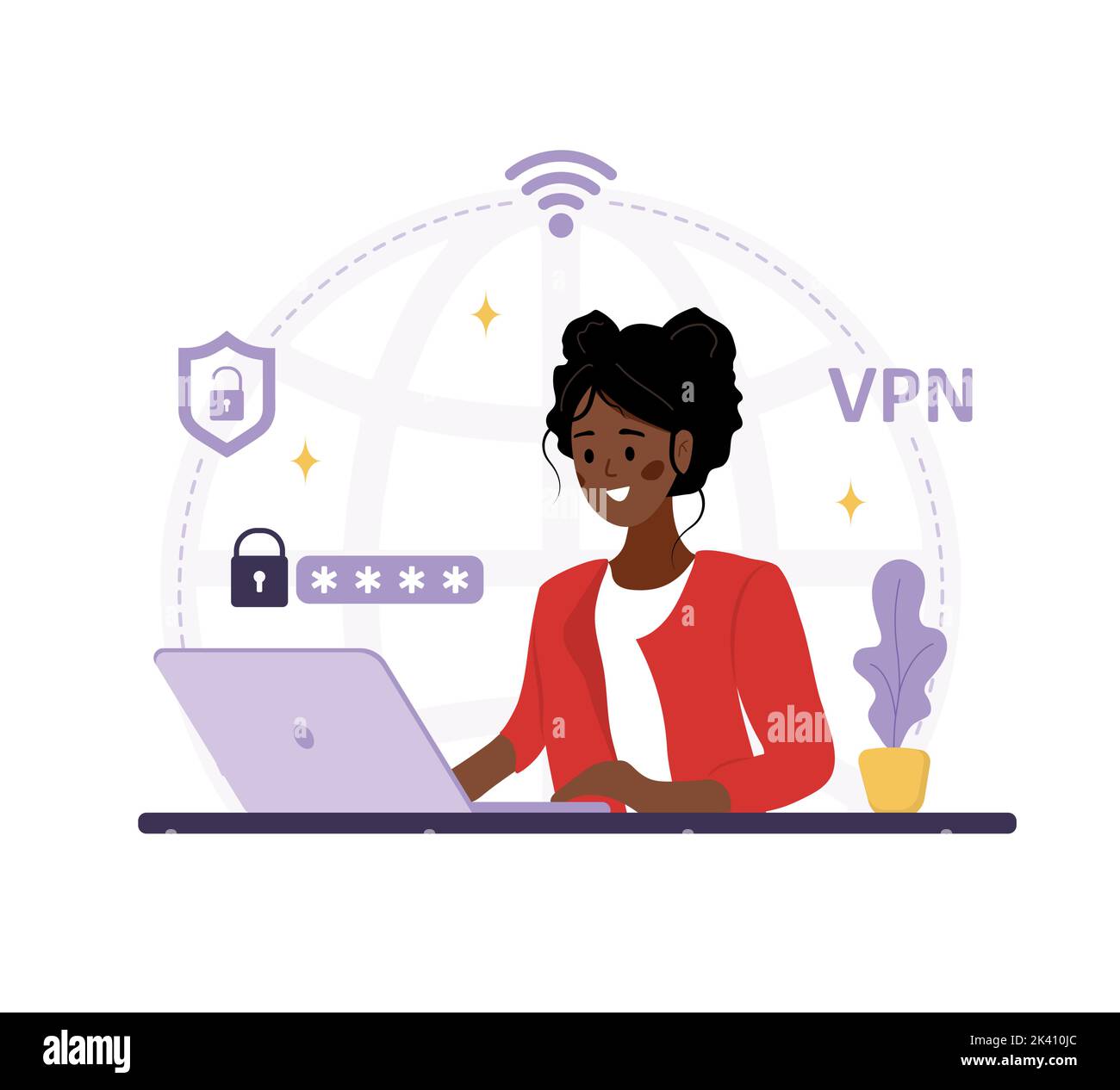 VPN Technology. African woman using app for protect personal data ...